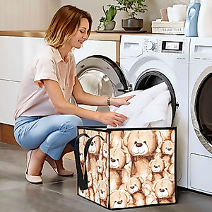 Lovely Teddy Bear Storage Bin Collapsible Toy Storage Basket Cube Laundry Basket Waterproof Nursery Hamper with Handles for Kids Room Nursery Closet Shelf Toys Playroom Decor