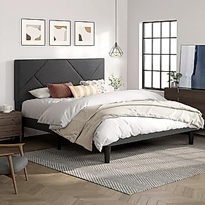 Allewie Queen Size Upholstered Bed Frame with Geometric Headboard, Heavy-Duty Platform Bed, No Box Spring Needed, Dark Grey