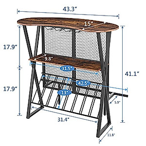 VECELO 3 Tier Oval Table Versatile Use Bar Cabinet with Open Storage Display Shelf and Footrail, Brown