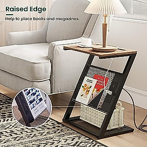 Yifeel End Table Set of 2 with Charging Station, Side Table with Storage Shelf, Bedside Table, Nightstand for Small Spaces, Living Room, Bedroom, Rustic Brown and Black JET002CSR2