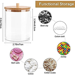 Qtip Holder Dispenser with Bamboo Lids and Vanity Tray - 10 oz Clear Plastic Apothecary Jar Containers for Vanity Makeup Organizer Storage - Bathroom Accessories Set for Cotton Swab, Ball, Pads, Floss