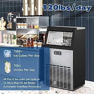 DOGHLY 120lbs/24H Commercial Ice Maker,48 Cubes/11mins, 33lbs Ice Storage Capacity, Counter Ice Maker Self Cleaning, 24 Hour Timer Stainless Steel Freestanding Ice Maker Machine (120lbs/day)