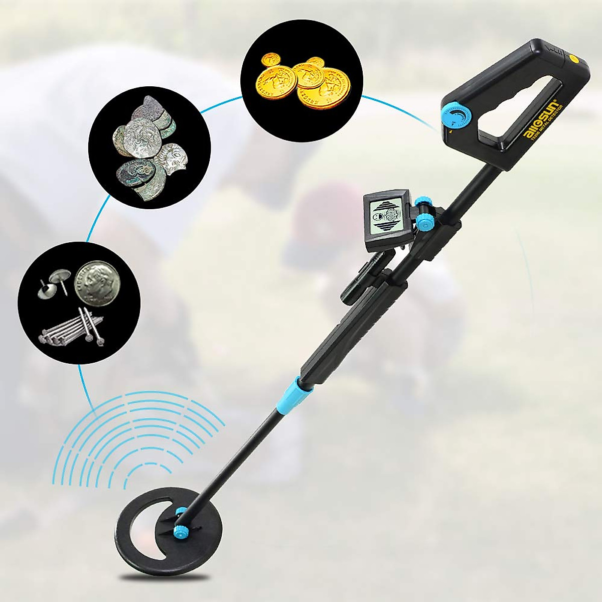 allsun Waterproof Handheld Kids Metal Detector Junior, 6 Inch Search Coil Adjustable 32''-40'' Small Beginner Gold Finder Hunter Treasure, Underwater Beach Yard Ground LCD Exploration Hiking