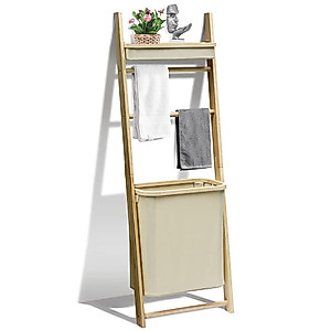 ReactDecor Wall Leaning Bathroom Ladder Shelf Hamper - 3 Tier Wooden Towel Rack Ladder Laundry Basket - Wooden Blanket Ladder Towel Rack - Wood Towel Ladder for Bathroom - Wall Leaning Ladder Shelf