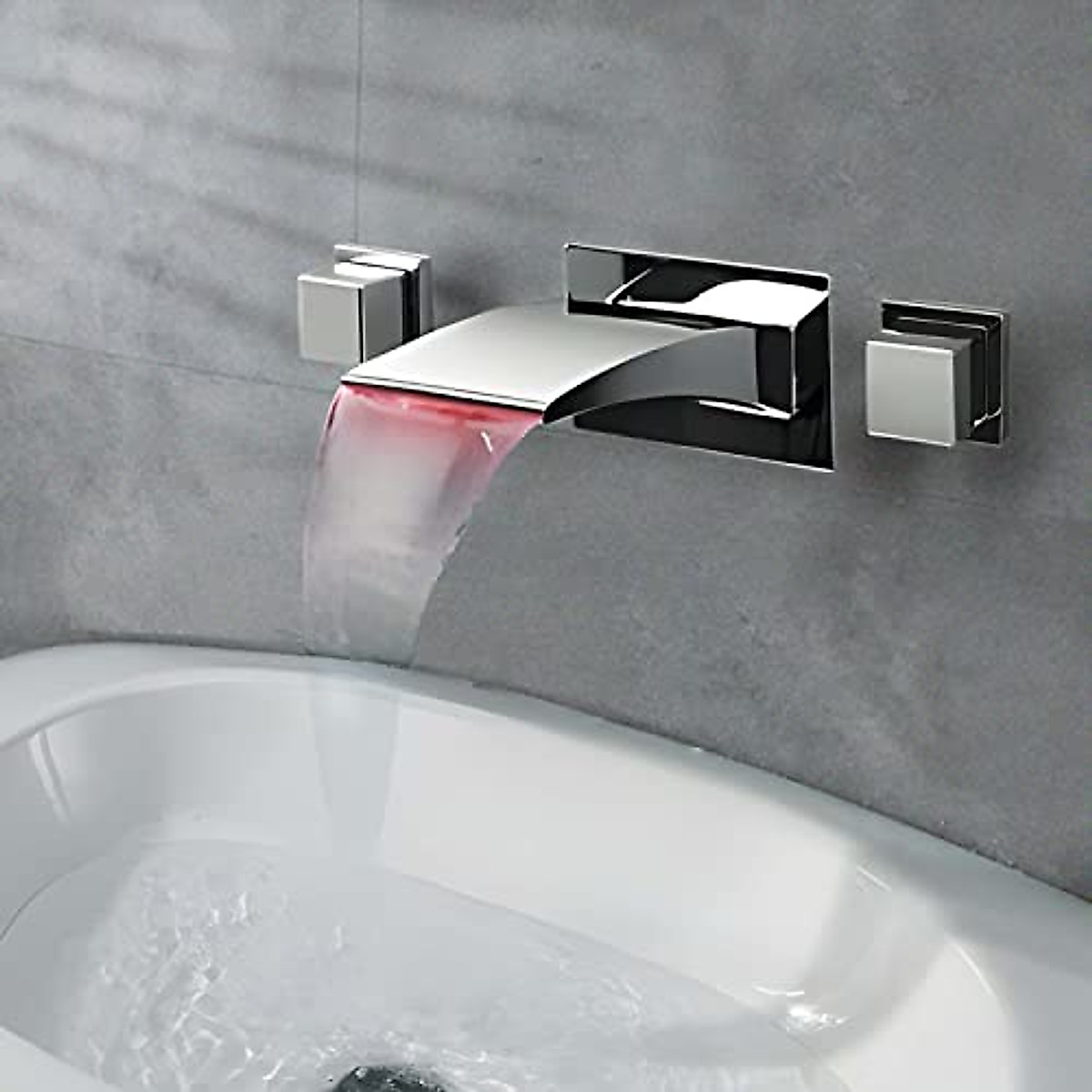 Lightinthebox Contemporary Wall Mounted LED Waterfall with Ceramic Valve Two Handles Three Holes for Chrome Bathroom Sink Faucet