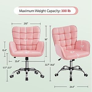 Yaheetech Faux Leather Office Chair Modern Vanity Chair Ergonomic Adjustable Makeup Chair with Padded Armrests Big Seat for Office, Study, Home, Pink