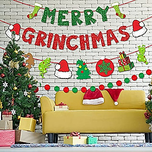 Merry Grinchmas Banner, Red & Green Grinchmas Christmas Party Sign Supplies, Merry Grinch Christmas Party Decorations