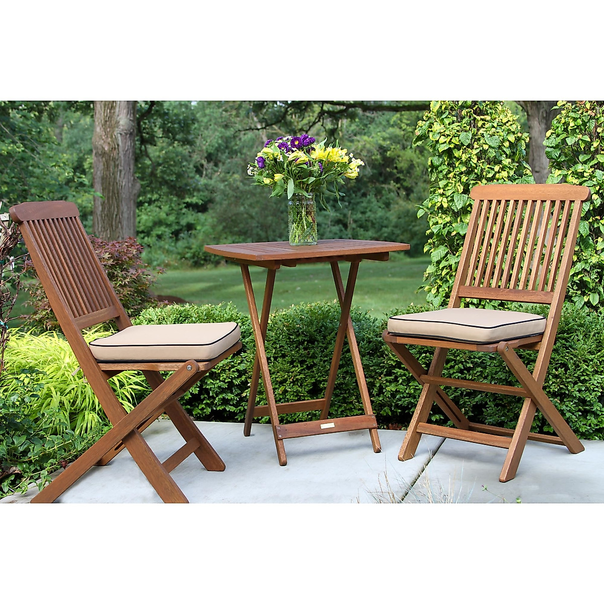 Outdoor Interiors Eucalyptus Wood 3-Piece Square Foldable Bistro Outdoor Furniture Patio Set, Table and 2 Chairs with Cushions, Beige