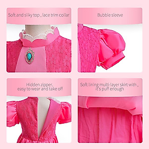 isswya Princess Peach Dresses for Kids Cosplay Super Brother Pink Princess Peach Costume Halloween Birthday Party Dress Up 11-12Y