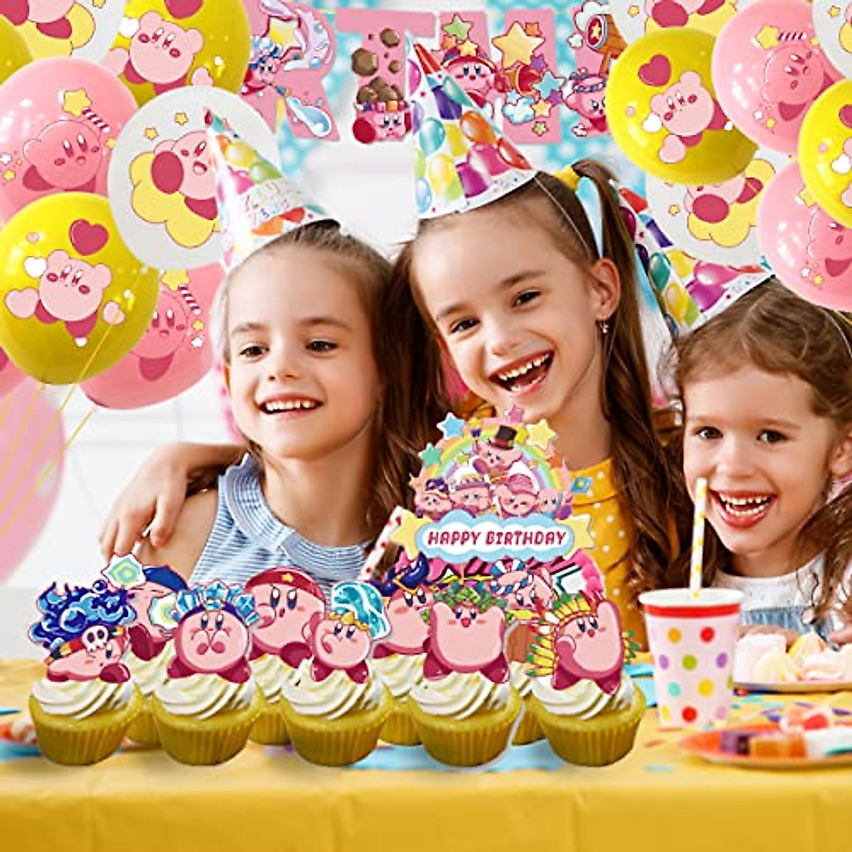 Kirby Birthday Party Decorations Supplies, 82 Pcs Cute Party Favors including Happy Birthday Banners, Balloons, Cake Toppers, Stickers, Party Favors for Girls' Birthday Party, Princess Party