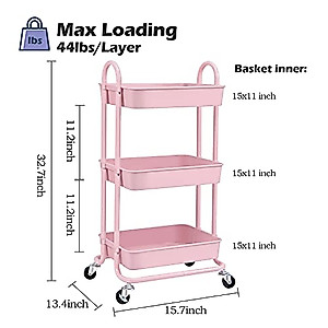 TOOLF Utility Rolling Cart with Lockable Wheels,Multi-Purpose Storage Organizer,Organizer Trolley with Handles,Serving Trolley with Mesh Basket for Home,Office,Kitchen,Bathroom (Pink)