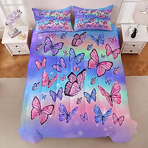 GRAT TIOC Girls Rainbow Butterfly Comforter Set Twin Size,Teen Girls Butterfly Bedding Set,Glitter Butterfly Bed Set Soft Lightweight Microfiber Bedroom Decorations with 2 Pillowcases