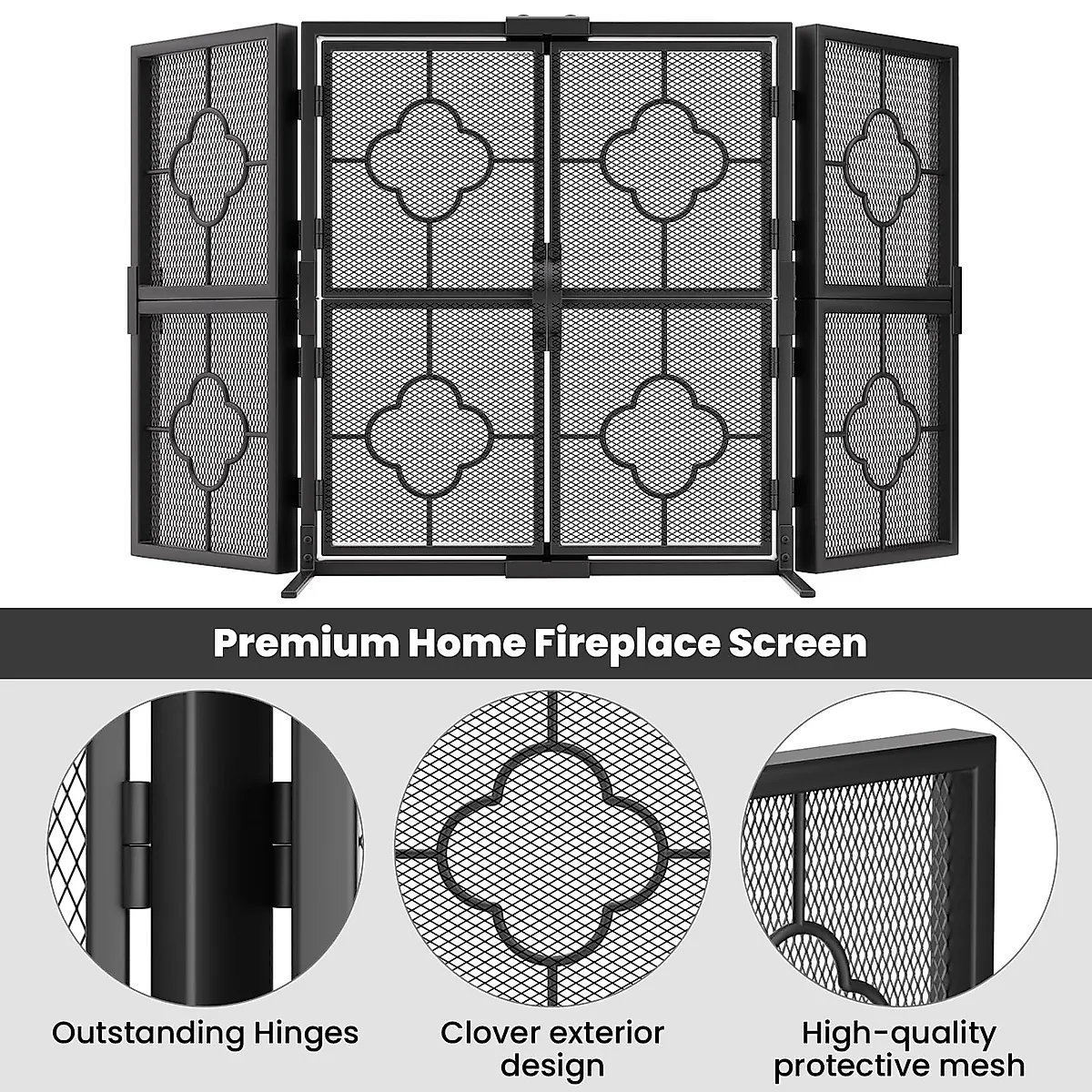 Amagabeli 48 x 28 Inch Fireplace Screen with Doors 3 Panel Foldable Wrought Iron Furnace Fireguards Fireplace Cover Free Standing Large Screen for Fireplace Wood Burning Metal Mesh Fire Spark (Black)