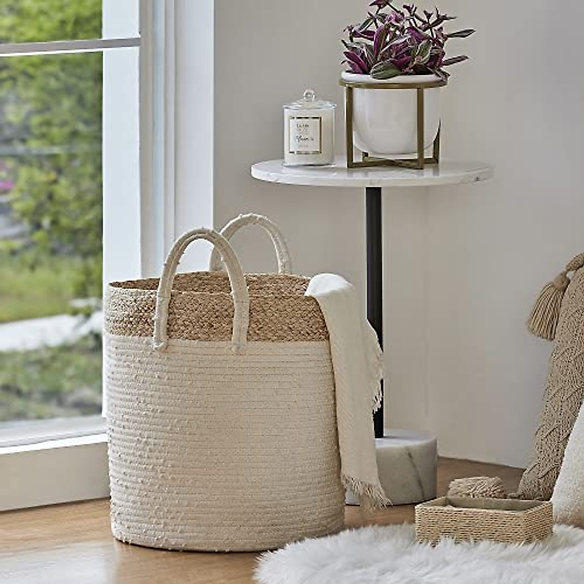 Woven Basket Rope Storage Basket - Large Cotton Organizer 16 x 14 x 14 Inches, Natural and Safe For Baby and Kids, Two-Tone Woven Organizer with Corn Skin