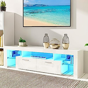 DMIDYLL Modern LED TV Stand for 50 55 65 70 75 inch TV with LED Lights and Storage Drawers, LED Entertainment Center for Living Room, Bedroom, High Gloss White TV Stand Furniture, Television Stands