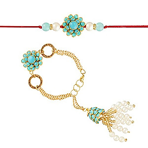 Rakhi For Brother and Bhabhi Traditional Flower Lumba Designer Fancy Bracelet on Rakshabandhan Traditional RKLM28 (Flower, Light Blue)
