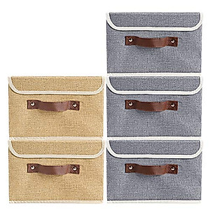 Lucky Monet 2 Pack Linen Fabric Foldable Storage Bin Set Collapsible Storage Box Cube Closet Organizer with Lid & Faux Leather Handle, 10”x8”x7” (Khaki)