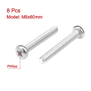 uxcell M8x60mm Machine Screws Pan Phillips Cross Head Screw 304 Stainless Steel Fasteners Bolts 8Pcs
