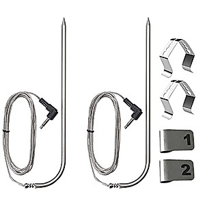 2 Pack Replacement Meat Probe for Pit Boss Pellet Grill Smokers Parts, 3.5mm Plug Thermometer Probe Replacement Temperature Probe with 2 Stainless Steel Probe Clip Holders and 2 Numbered Tags