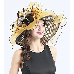 TLMNU Women Derby Church Hat Organza Flower Wedding Tea Party Fascinator Hat Wide Brim Sun Hat F5-Golden Hole