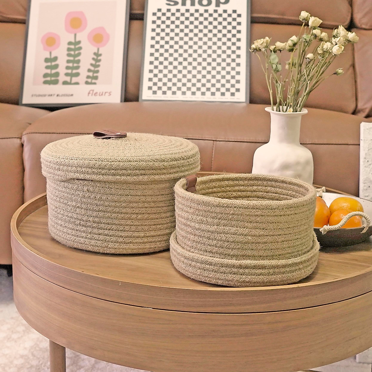 Aplolemo Jute Rope Basket with Lid,Decorative Woven Baskets with Lids,Leather Design Lidded Round Basket,Small Basket with lid,Storage Baskets with Lids-Set of 2（10"x6"/8.5"x5"）