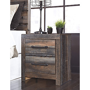 Signature Design by Ashley Drystan Rustic Industrial 2 Drawer Nightstand with 2 Slim-Profile USB Charging Stations, 24.37" Tall, Weatherworn Brown