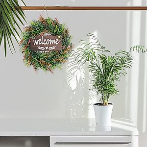 18in Artificial Green Wreath for Front Door with Welcome Sign Red Flower Fall Christmas Wreath Gypsophila Green Leaves Wreath for Window Home Porch Farmhouse Patio Garden Party Decor