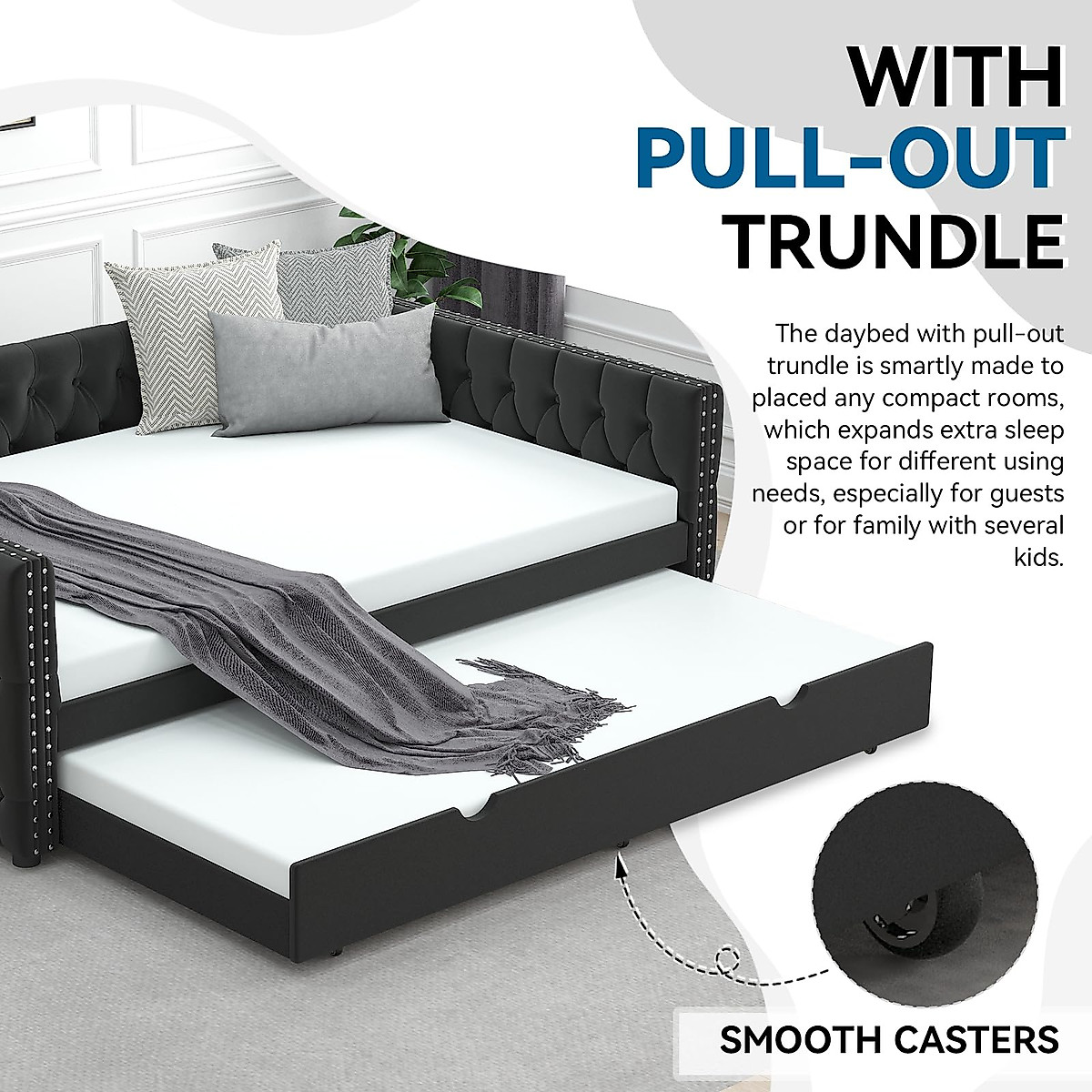 KINFFICT Velvet Full Daybed with Twin Trundle, Modern Upholstered Full Size Day Bed Button-Tufted Sofa Daybed Frame with A Roll-Out Trundle (Black)