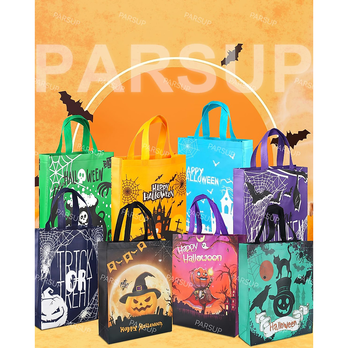 PARSUP 8PCS Halloween Trick or Treat Bags,Halloween Tote Bags with Handles, Gift Bags, Non-Woven Halloween Bags for Gifts Wrapping, Trick or Treat, Halloween Party Supplies, 15"×11.8"×3.9"