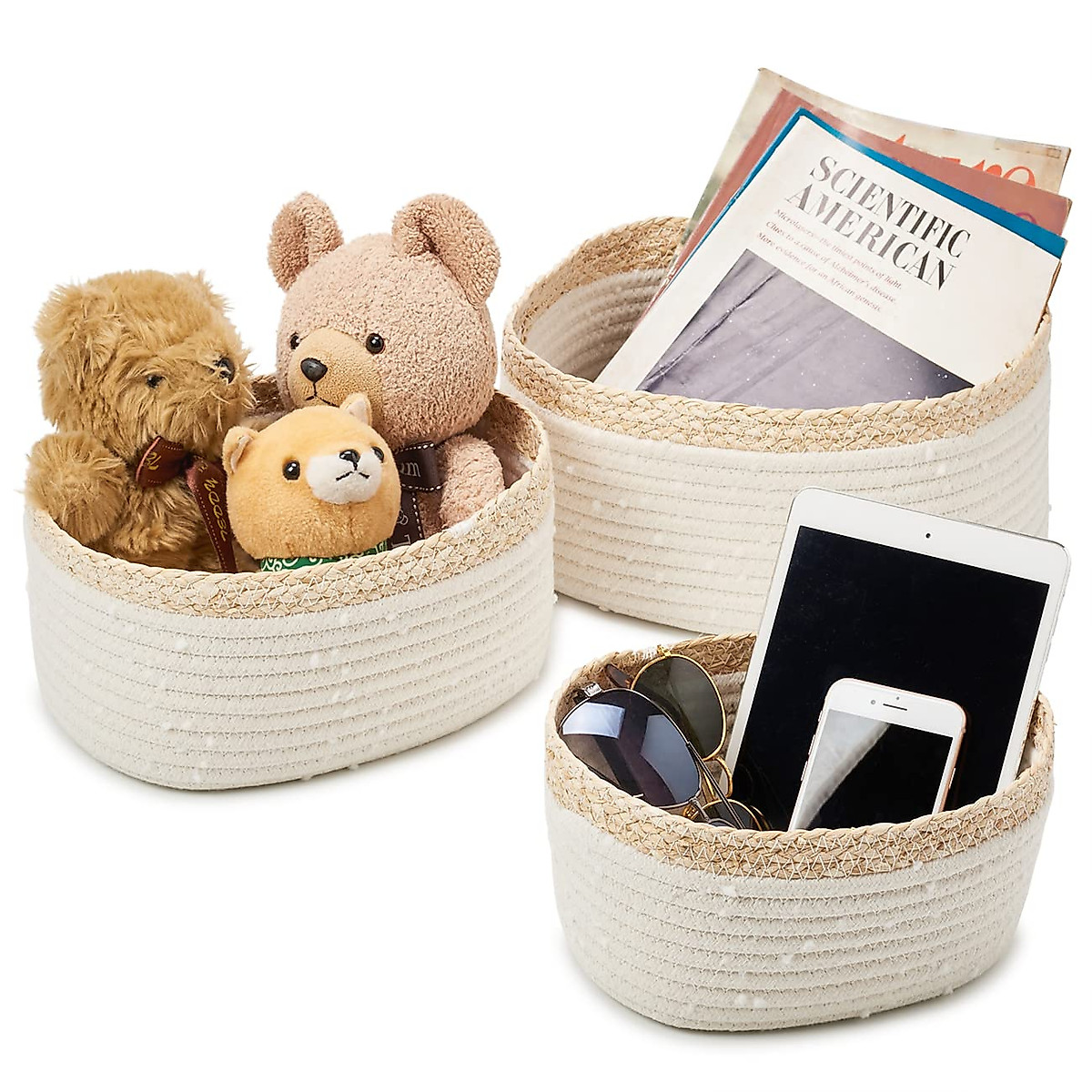 EZOWare Set of 3 Small Cotton Rope Storage Basket, Decorative Nesting Woven Round Organizer Bin with Handle for Kids Baby Closets, Room Decor, Dog Cat Toys, Towels, Gift Baskets Empty - Natural White