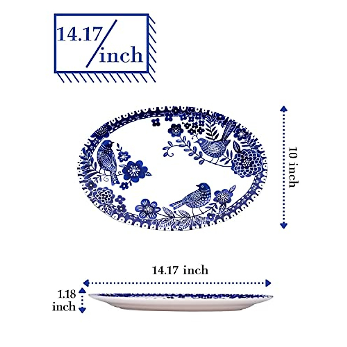 Sonemone 14 inch Blue Bird Serving Platter, Ceramic Oval Serving Plates for Entertaining Party Restaurant, Turkey, Dishwasher & Microwave Safe
