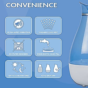 HealthWise Cool Mist Ultrasonic Humidifier | For Medium Size Rooms | No Filter Required | 24 Hour Run Time, Blue, 2.6L