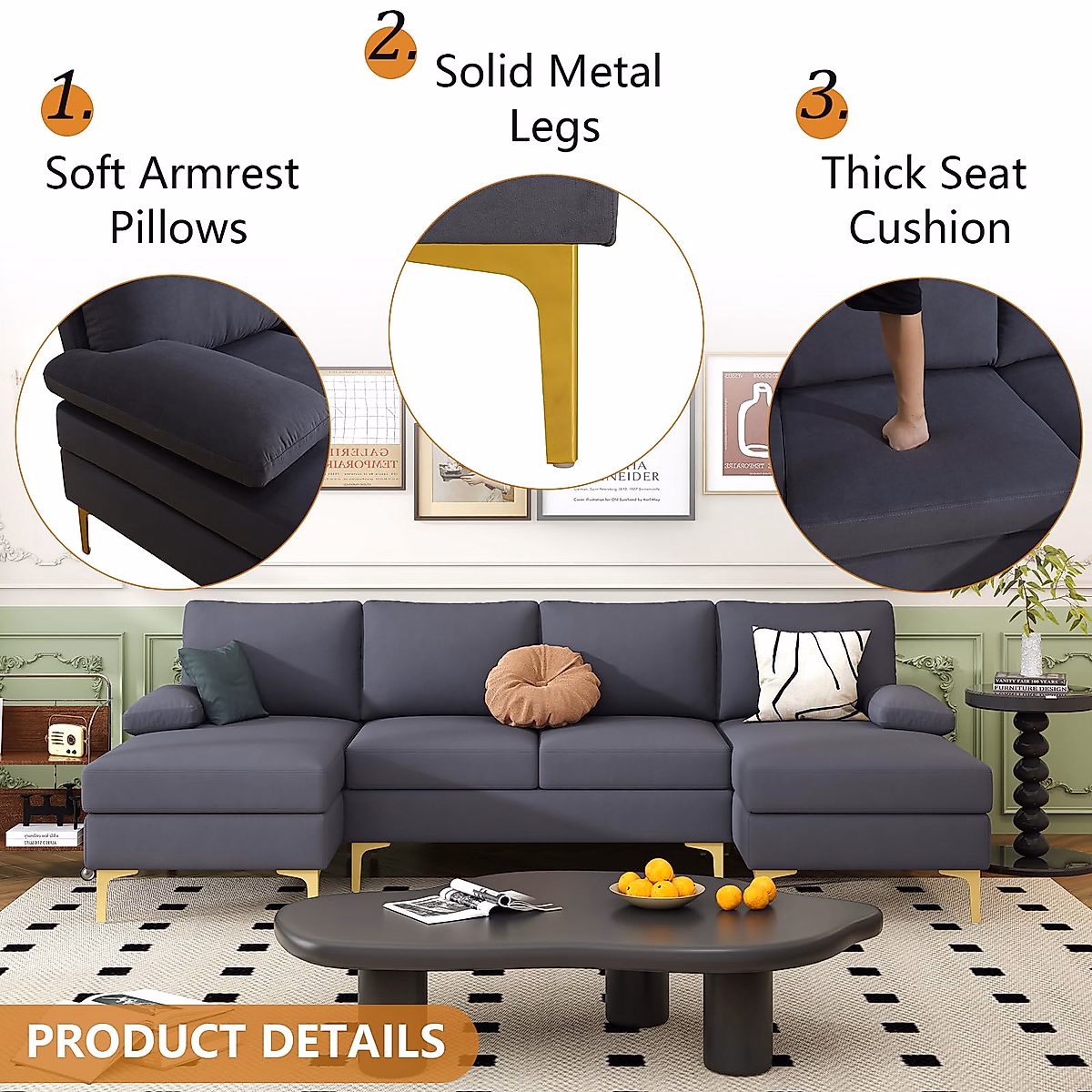 Lakifun Modular Sectional Sofa Couch for Living Room, U Shaped Convertible Lounge Sofa with Loveseat & Double Chaise, 4 Seater Comfy Fabric Couch Set for Home Office (Gray)