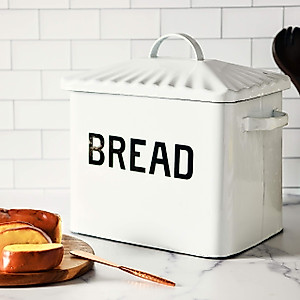 Creative Co-Op Farmhouse Enameled Metal Bread Box with "Bread" Message, White