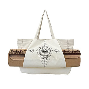 Burro Chakra Themed Yoga Mat Cotton Tote Bag with Mat Carrier Pocket Extra Pocket Inside (YB105 IVORY)
