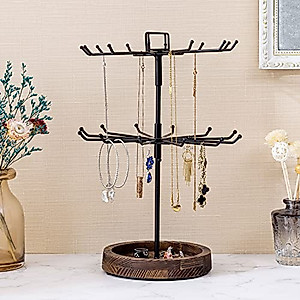 MyGift 2 Tier Black Metal Rotating Necklace and Bracelet Organizer Jewelry Stand with 24 Hooks and Burnt Wood Ring Tray, Accessory and Keychain Spinning Display Rack with Top Handle Card Holder