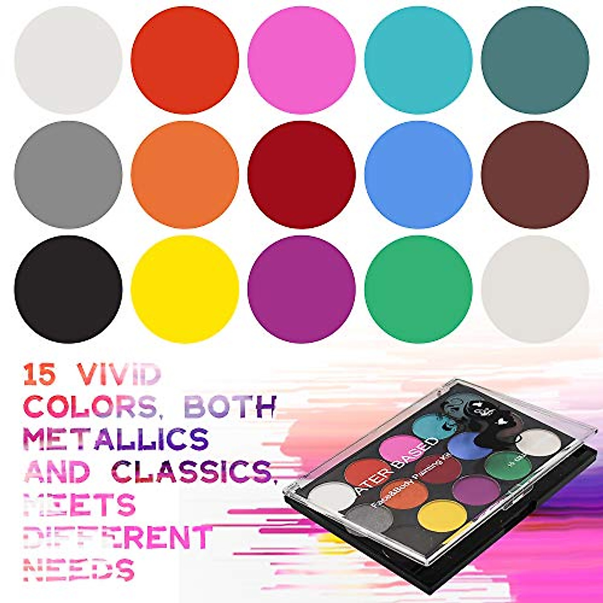 Senbos Face Paint Kits for Kids, 15 Colors Water Based Non-Toxic Quality Palette Body Face Painting Supplies Face Paint Set Washable Face Body Makeup Kits with 2 Brushes for Party Cosplay