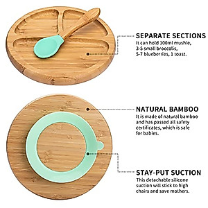 Baby Bamboo Suction Plate, Bowl and Spoon set - Wooden Feeding Set for Toddler 1-3 Year Old - Silicone Suction Sticks to Most High Chairs for Non Slip & Silicone Spoon Tips with Wood Handle - BPA Free
