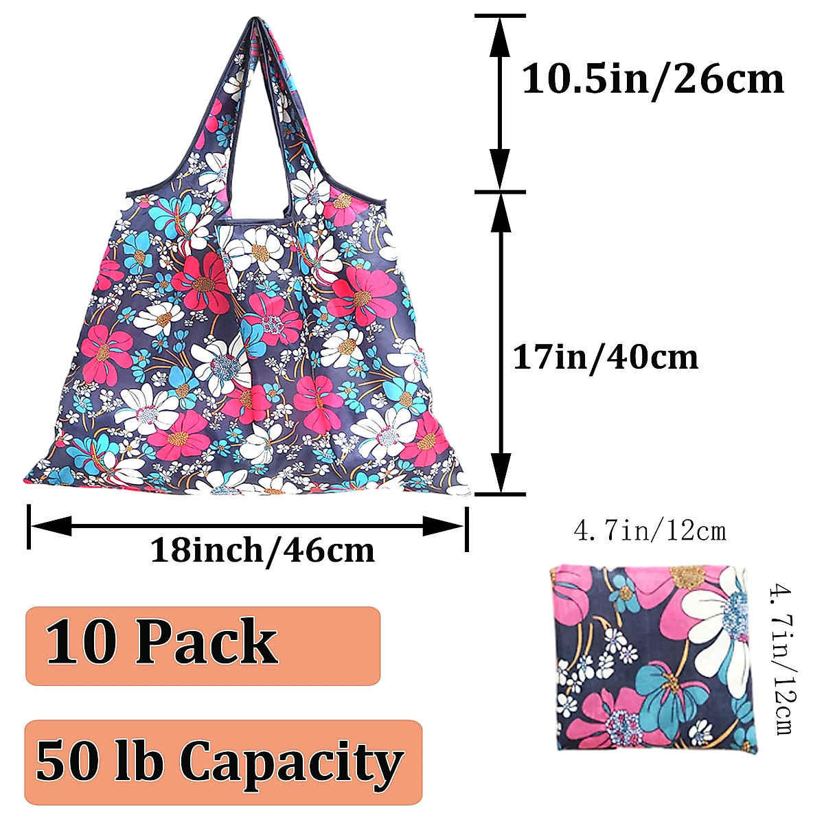 Xanllaxa 10 Pack Reusable Grocery Bags,50LBS Fashion Washable Bag Foldable with Pouch Cute Flower Durable Shopping Totes for Foods Groceries