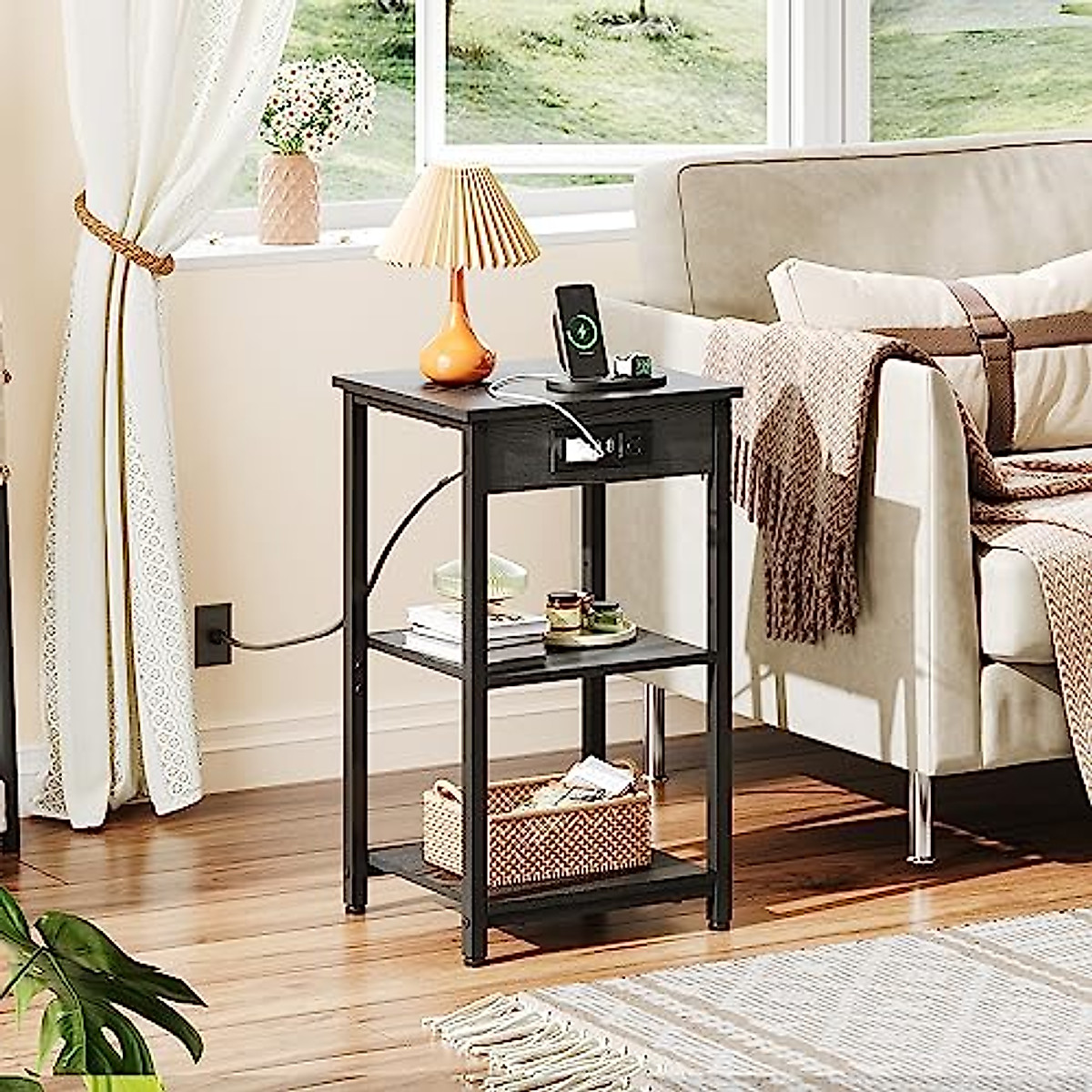 WLIVE End Table with Charging Station and USB Ports, 3-Tier Side Table with Adjustable Shelf, Side Table with Outlet for Small Spaces, Living Room, Bedroom, Black