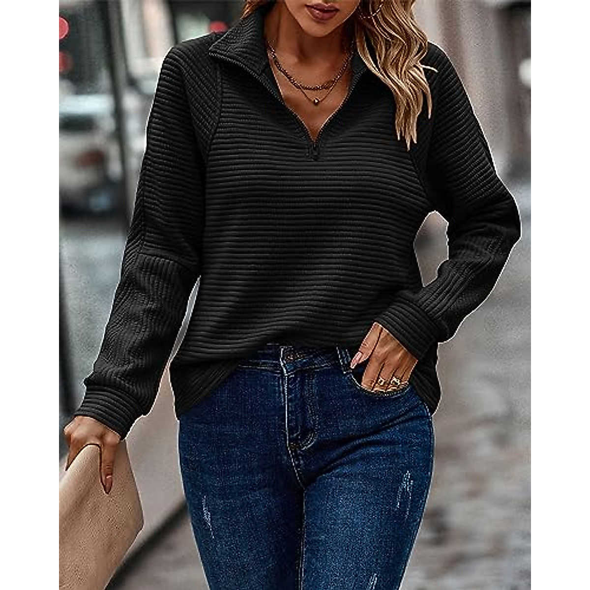 BTFBM Womens 2023 Fall Fashion Quarter Zip Sweatshirts Half Zip Casual Long Sleeve Solid Color V Neck Pullover Tops(Solid Black,Medium)