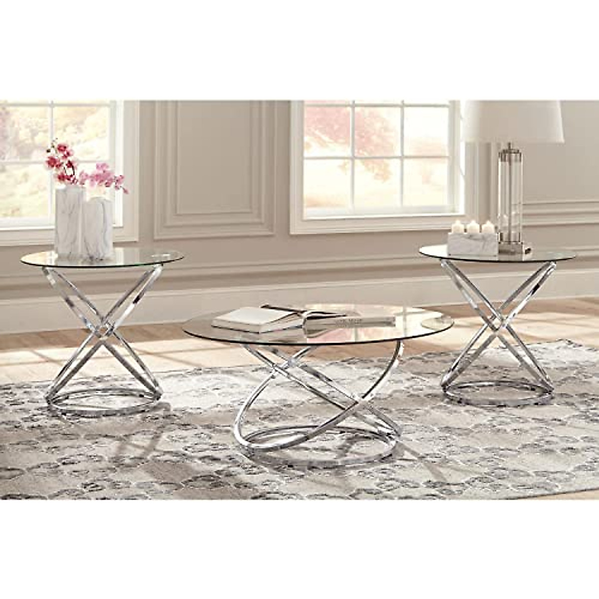 Signature Design by Ashley Hollynyx Contemporary Round 3-Piece Occasional Table Set, Includes Coffee Table and 2 End Tables, Chrome
