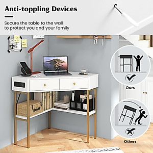Tangkula White Corner Desk with 2 Drawers & Built-in Charging Station, 90 Degrees Triangle Corner Computer Desk for Small Space, Bedroom Makeup Vanity Desk with Storage Shelves, Corner Writing Desk