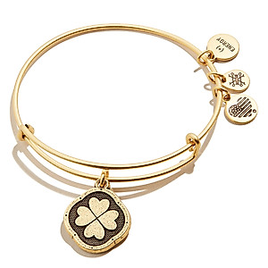 Alex and Ani Path of Symbols Expandable Bangle for Women, Four Leaf Clover Embossed Charm, Rafaelian Gold Finish, 2 to 3.5 in