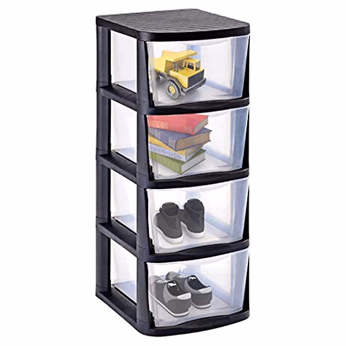 Juggernaut Storage 4 Drawer Storage Tower, Black Frame with Clear Drawers, RDT4