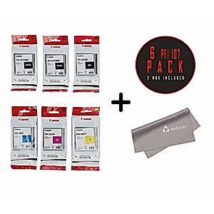 PFI-107 Set Genuine Canon Pfi-107 6 Pack Set of 5 Colors Ink Tanks 2 Pfi-107mbk,and 1 Pfi107bk Pfi107c Pfi107y Pfi107m by Canon + InkSAVER™ Microfiber LCD Screen Cleaning Cloth