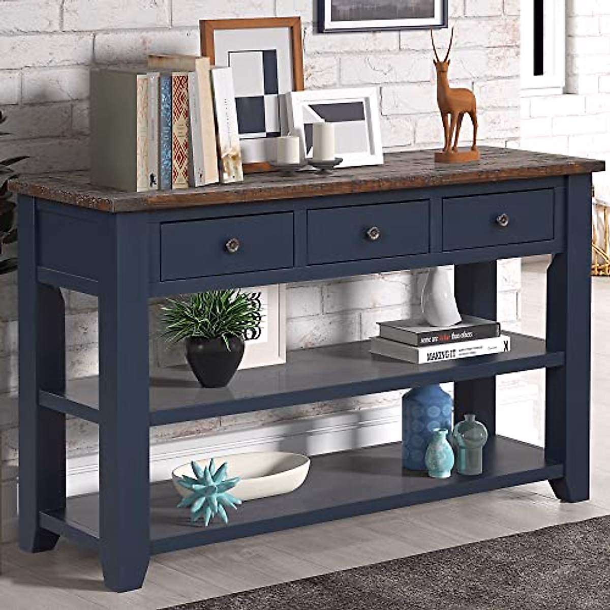 HomSof Console Table 48'' Solid Wood Modern Entryway Sofa Side Table with 3 Storage Drawers and 2 Shelves Blue