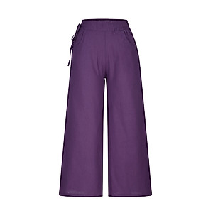 Linen Pants Women Summer Short Inseam Womens Straight-Leg Pull-on Pants Cotton Linen Trousers Palazzo Lounge Pants Slacks Summer Casual Comfy Loose Pants Purple XL