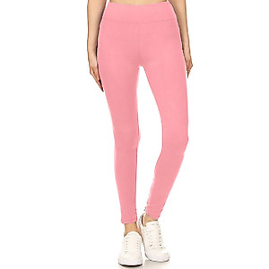 Leggings Depot Women's 3" Waistband Yoga High Waisted Solid Leggings Pants (Full Length, Pink, One Size)