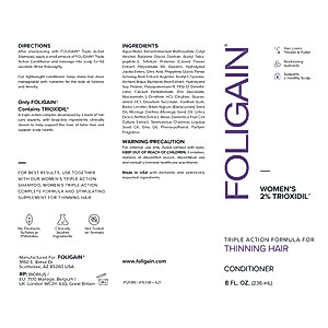 Foligain Triple Action Conditioner For Thinning Hair, Volumizing Conditioner for Women, 8 Fl. Oz.